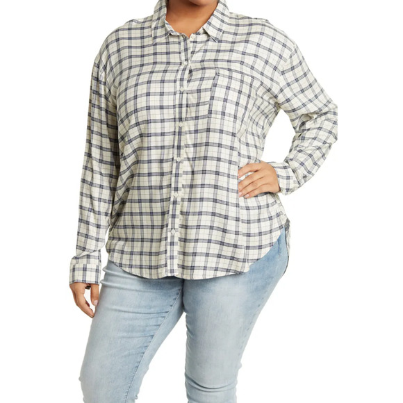 Melrose and Market | Tops | Melrose And Market Dress Shirt Womens Small Ivory Blue Plaid Button ...